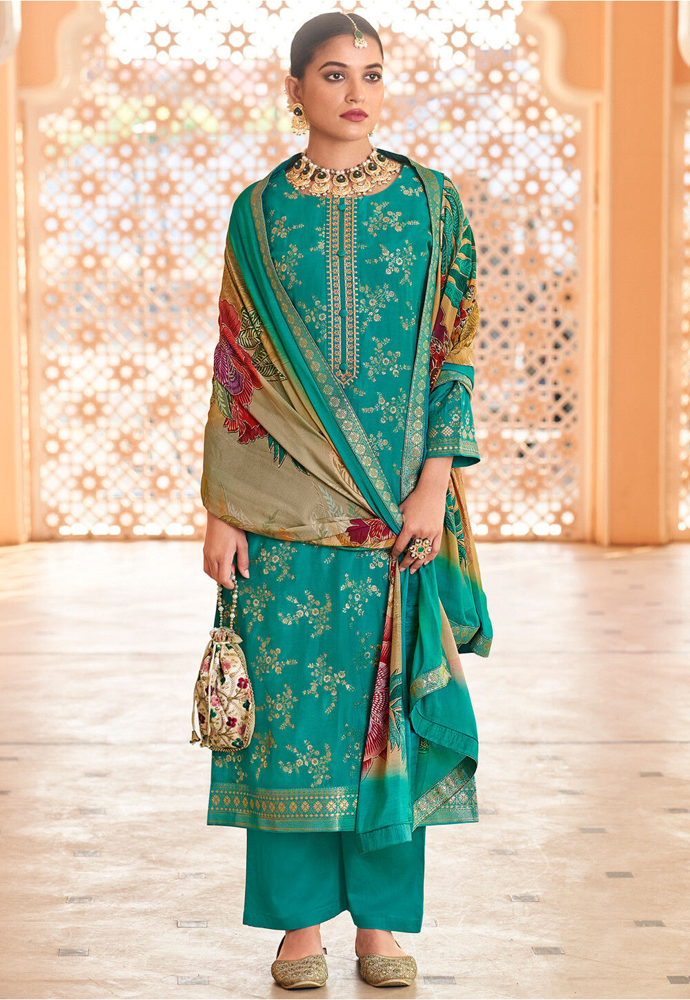 Buy Woven Art Silk Jacquard Pakistani Suit in Turquoise Online ...