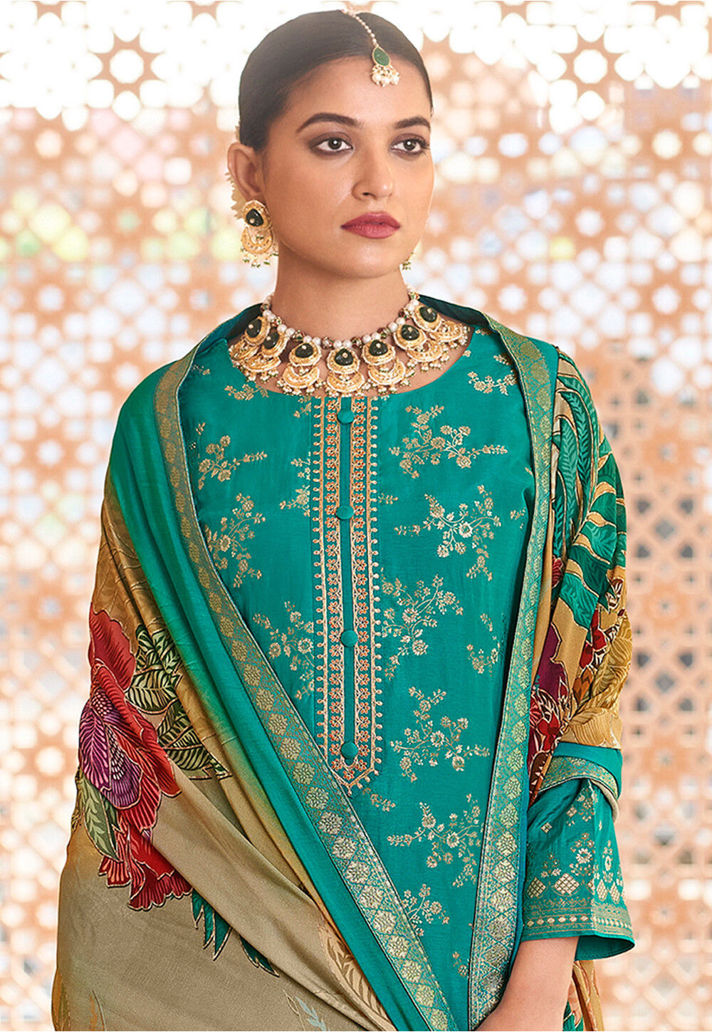 Buy Woven Art Silk Jacquard Pakistani Suit in Turquoise Online ...