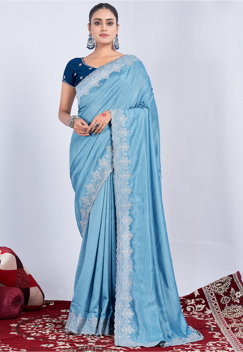 Buy Woven Art Silk Jacquard Scalloped Saree in Light Blue Online ...
