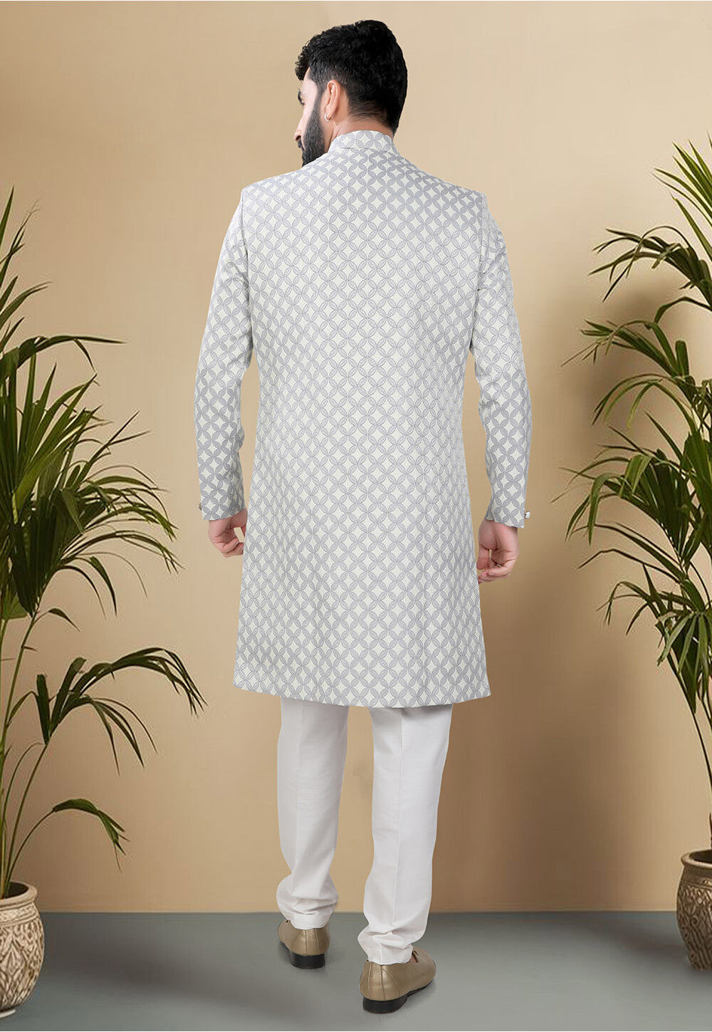 Buy Woven Art Silk Jacquard Sherwani in Off White and Grey Online ...