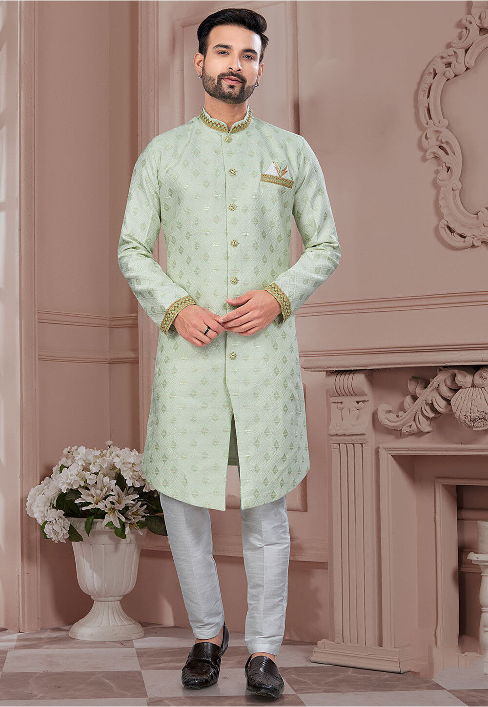Buy Woven Art SIlk Jacquard Sherwani in Pastel Green Online : MUX1433 ...