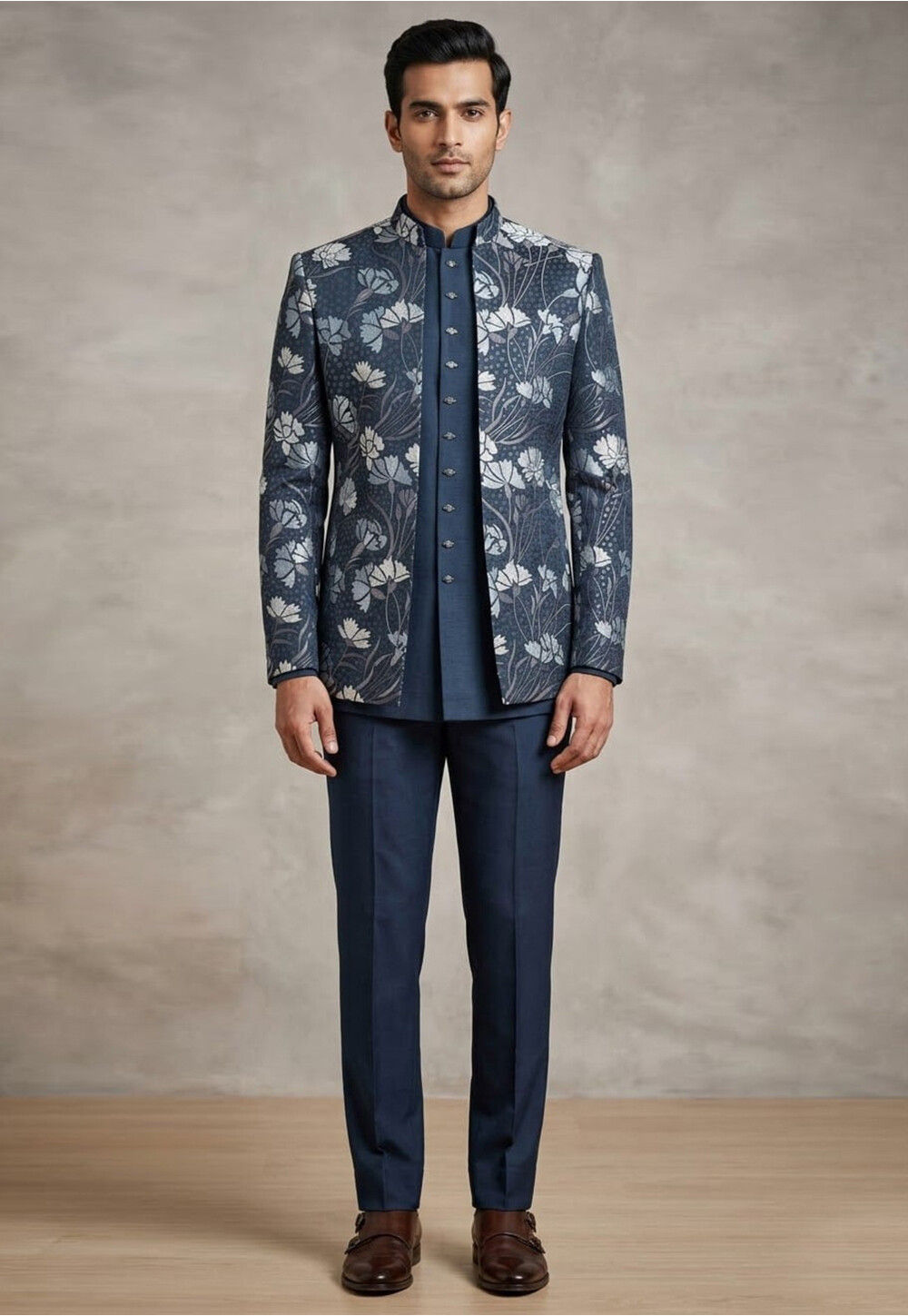 Woven Art Silk Jodhpuri Suit in Navy Blue