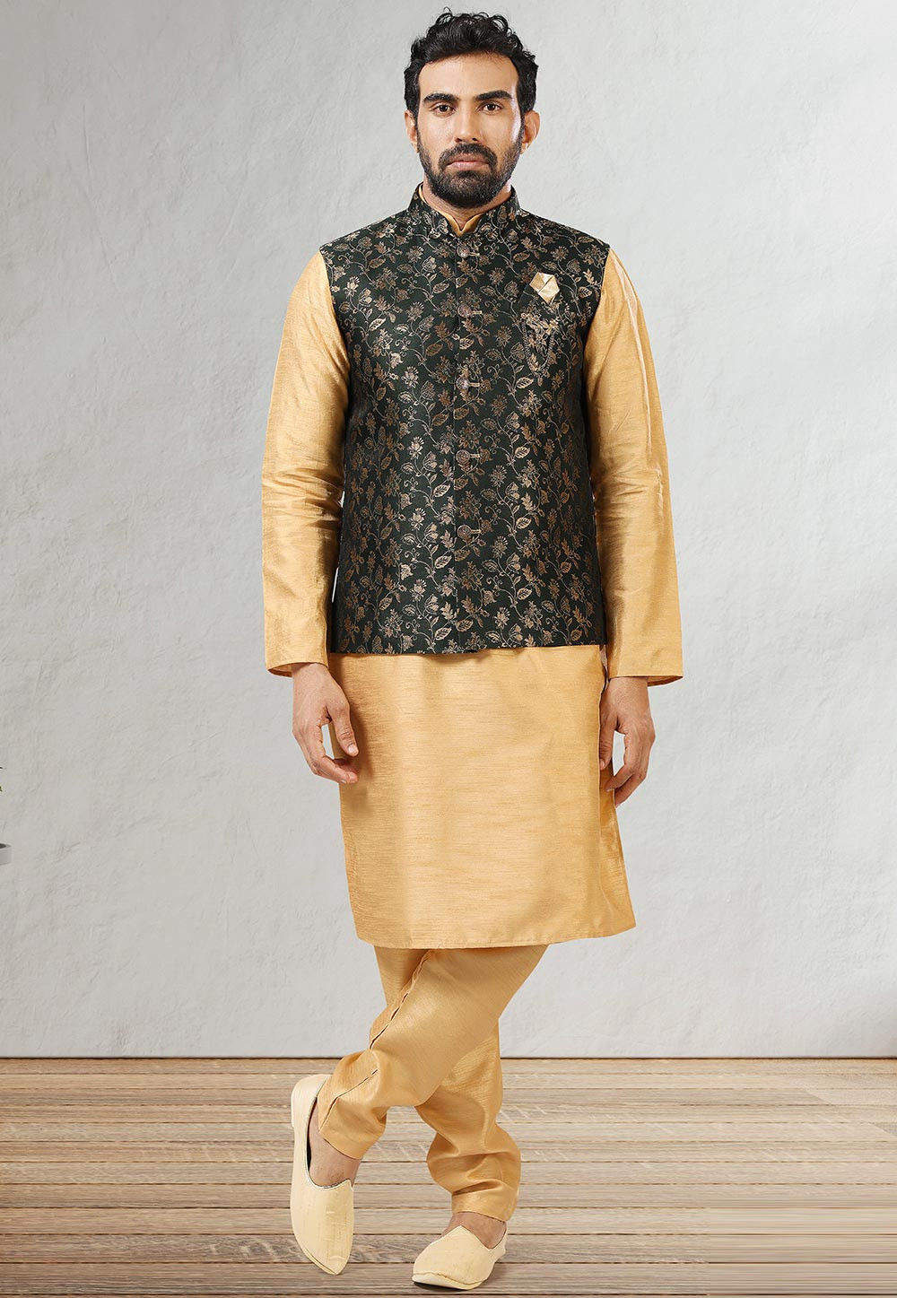 Buy Woven Art Silk Kurta Jacket Set in Beige and Dark Green Online ...
