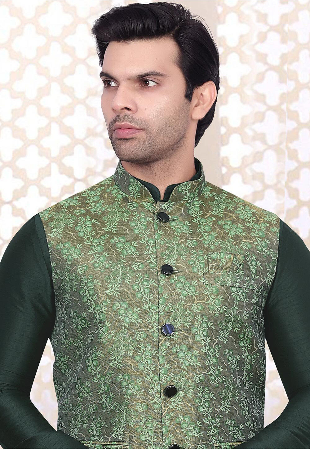 Buy Woven Art Silk Kurta Jacket Set in Dark Green and Olive Green ...