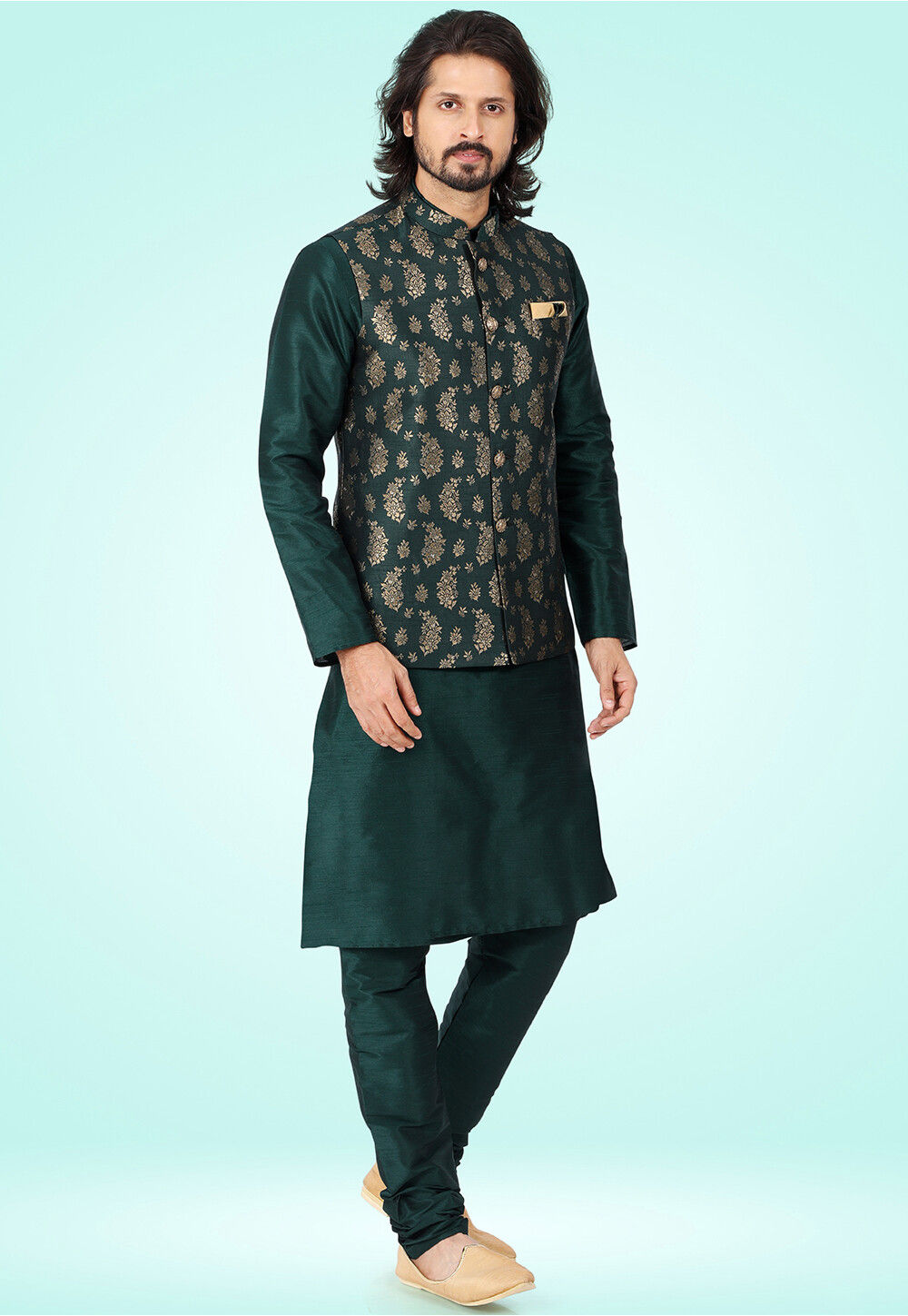 Buy Woven Art Silk Kurta Jacket Set in Dark Green Online : MLY758 ...