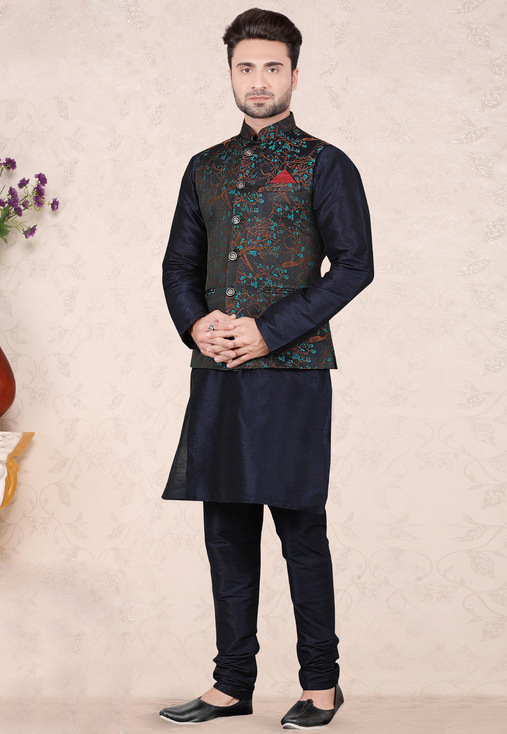 Buy Woven Art Silk Kurta Jacket Set in Navy Blue and Black Online ...