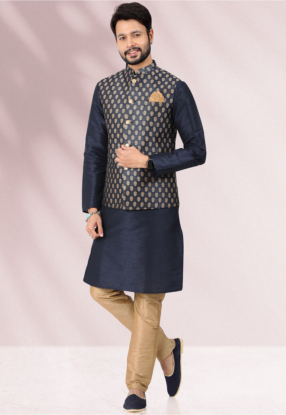 Buy Woven Art Silk Kurta Jacket Set in Navy Blue Online : MLY768 ...