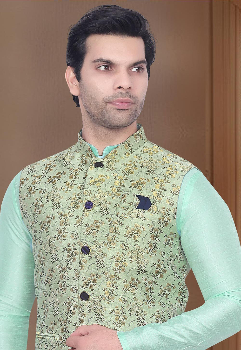 Buy Woven Art Silk Kurta Jacket Set in Sea Green and Light Green Online ...