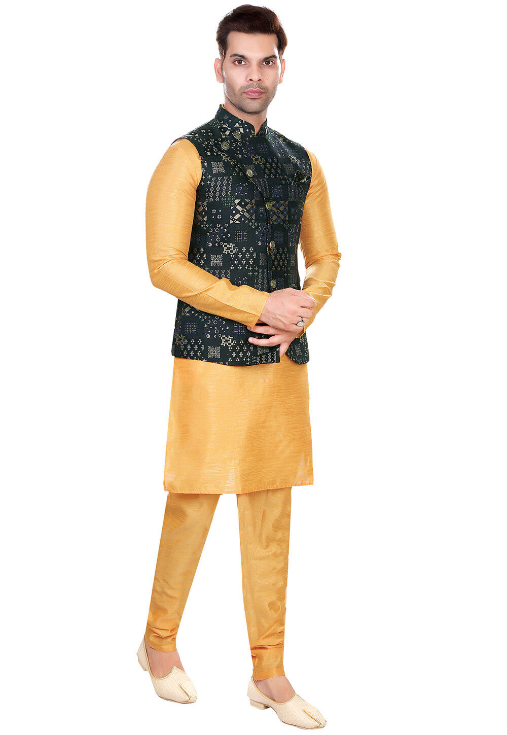Buy Woven Art Silk Kurta Jacket Set in Yellow and Navy Blue Online ...