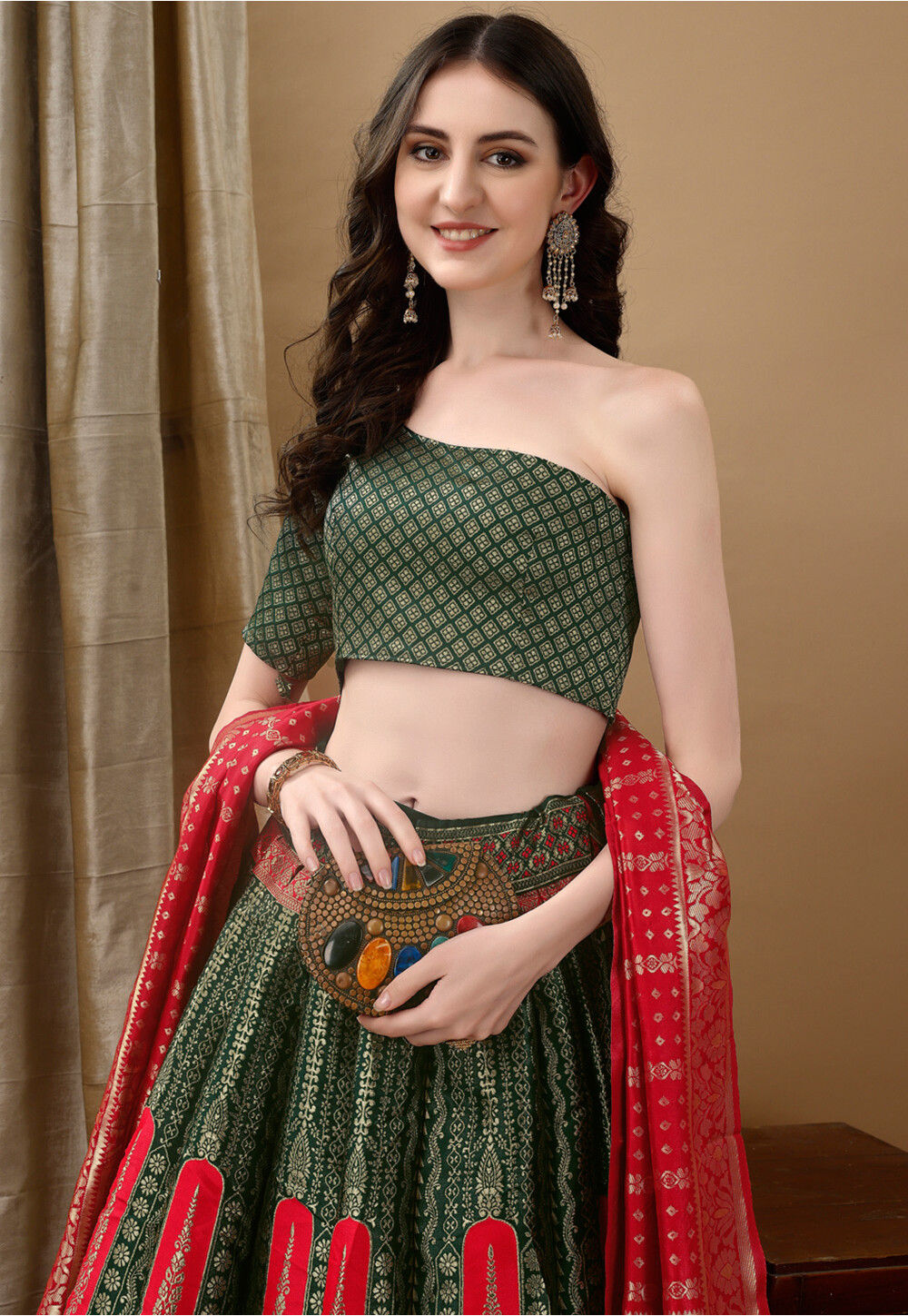 Buy Woven Art Silk Lehenga in Dark Green Online : LSG417 - Utsav Fashion