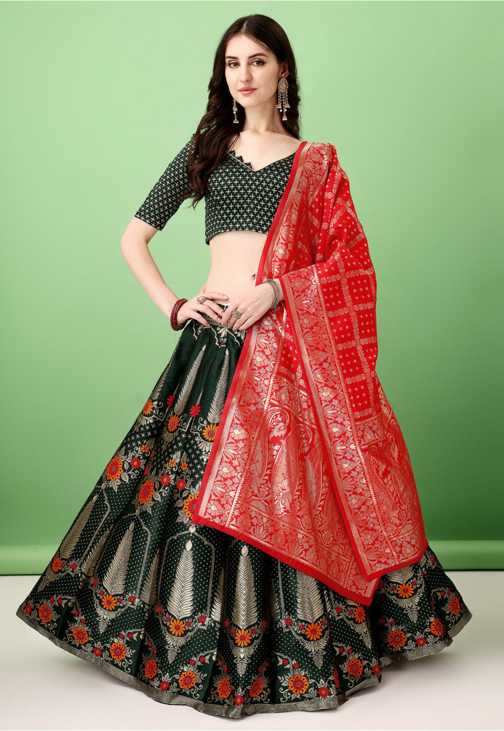Buy Woven Art Silk Lehenga in Dark Green Online : LSG423 - Utsav Fashion