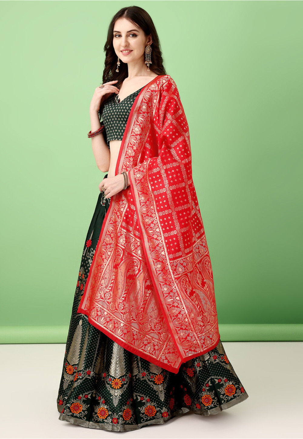Buy Woven Art Silk Lehenga in Dark Green Online : LSG423 - Utsav Fashion