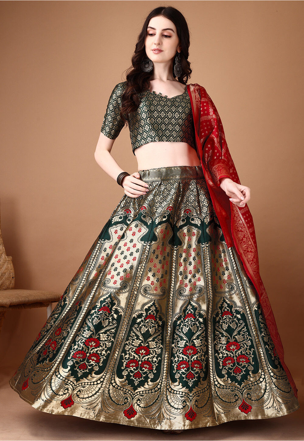 Buy Woven Art Silk Lehenga in Dark Green Online : LSG427 - Utsav Fashion