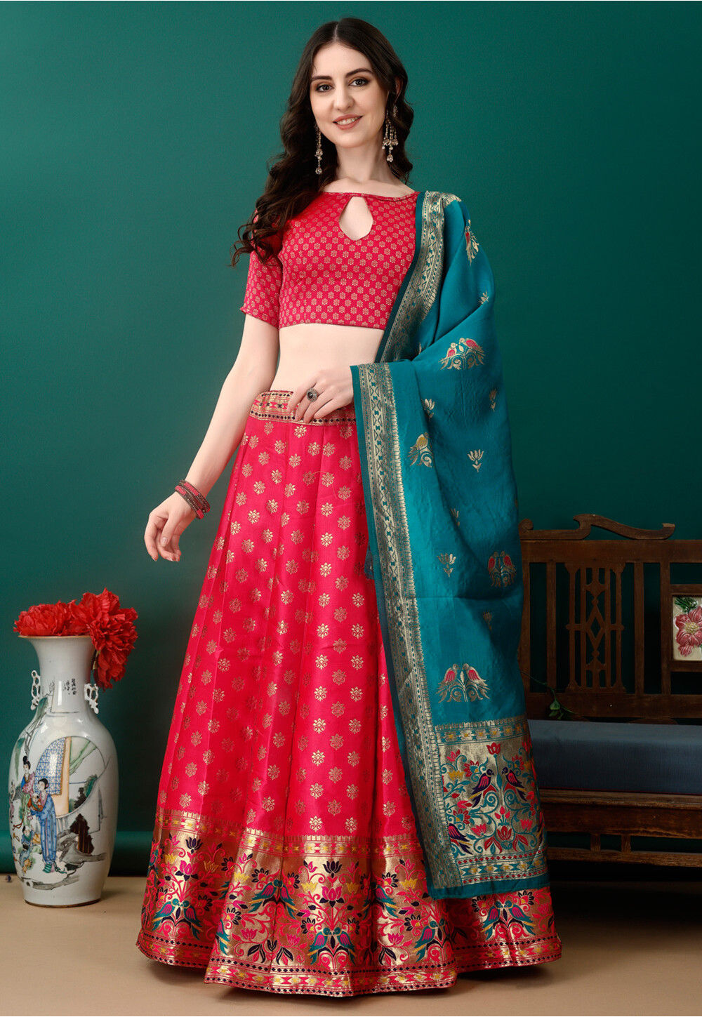 Buy Woven Art Silk Lehenga in Pink Online : LSG446 - Utsav Fashion