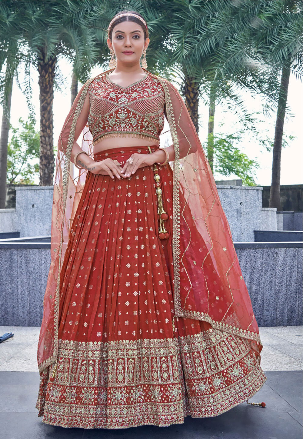 Buy Woven Art Silk Lehenga in Rust Online : LCZ354 - Utsav Fashion