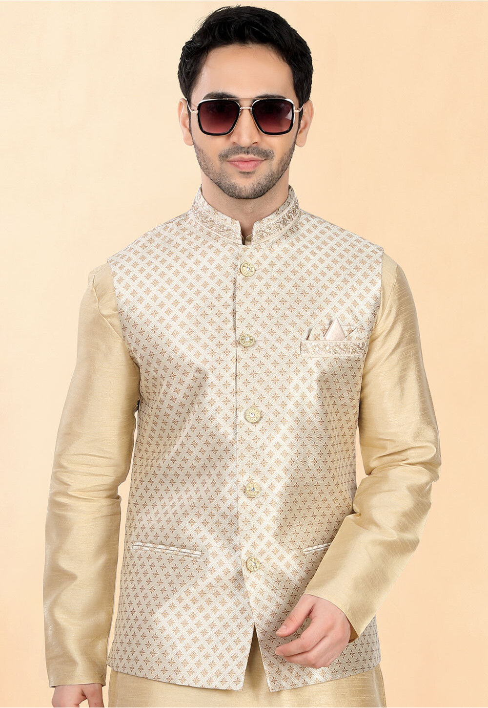 Buy Woven Art Silk Jacquard Nehru Jacket in Cream Online : MUY2331 - Utsav Fashion