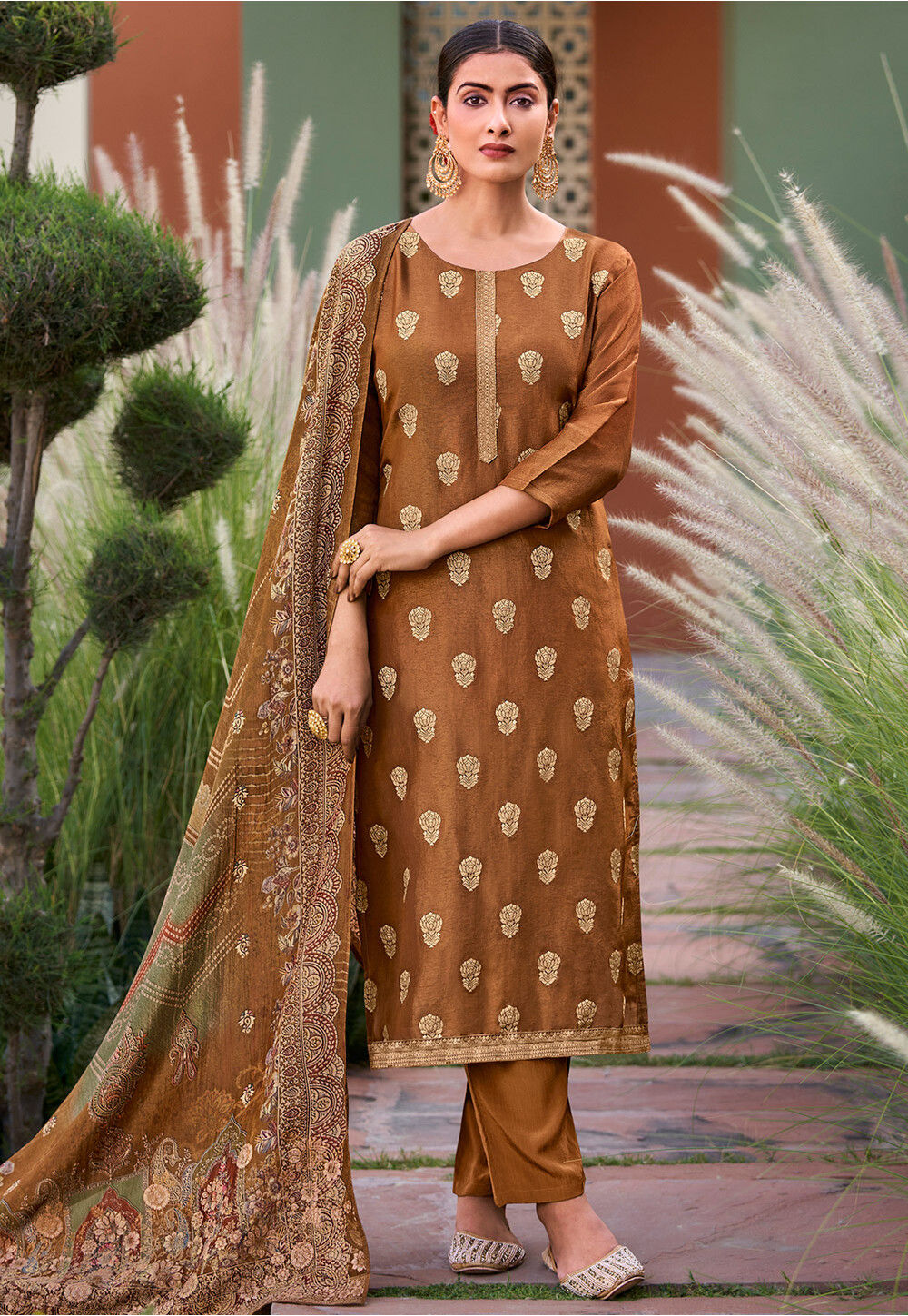 Buy Woven Art Silk Pakistani Suit in Brown Online : KPV1719 - Utsav Fashion
