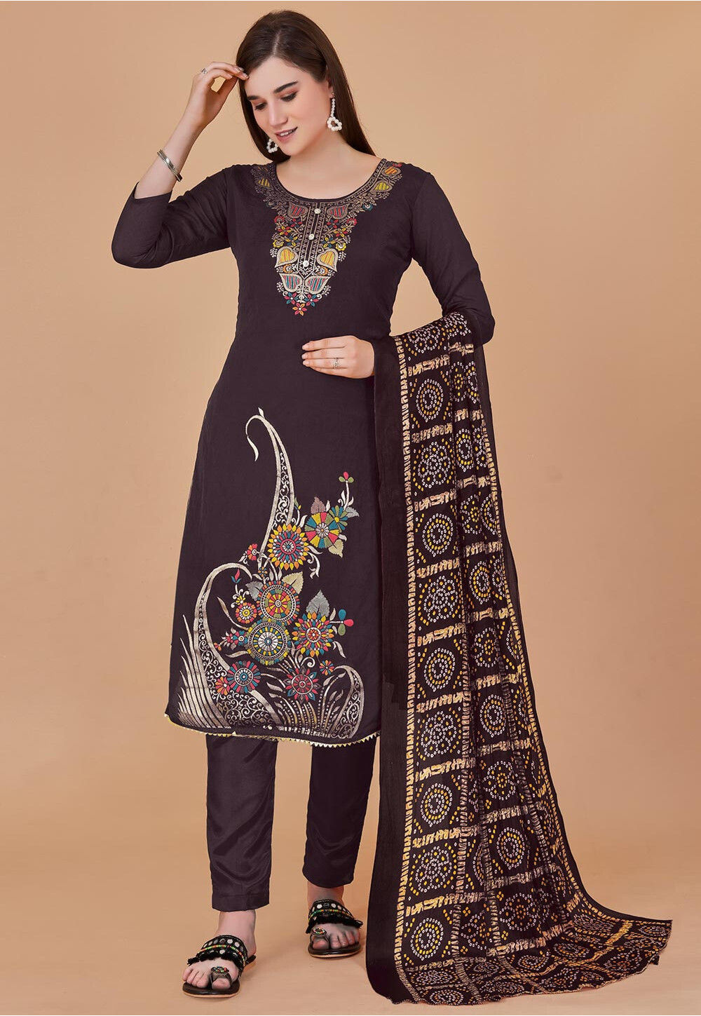 Buy Woven Art Silk Pakistani Suit in Brown Online : KYE2309 - Utsav Fashion