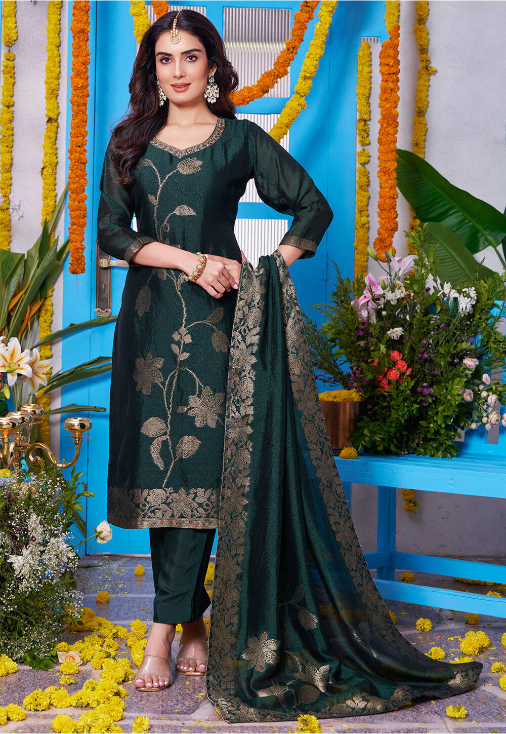 Buy Woven Art Silk Pakistani Suit in Dark Green Online : KRD1648 ...