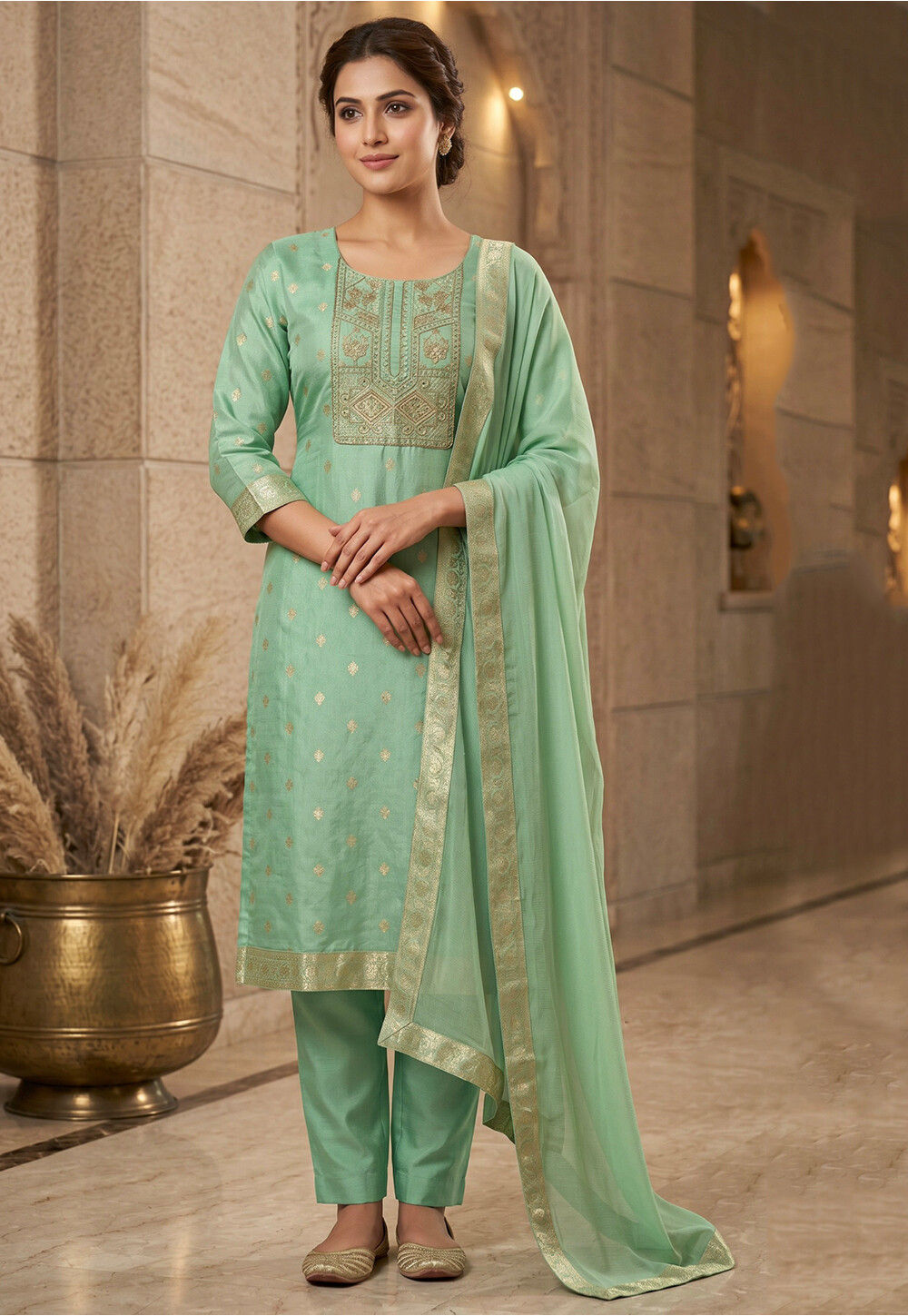Buy Woven Art Silk Pakistani Suit in Light Green Online : KBN2106 ...