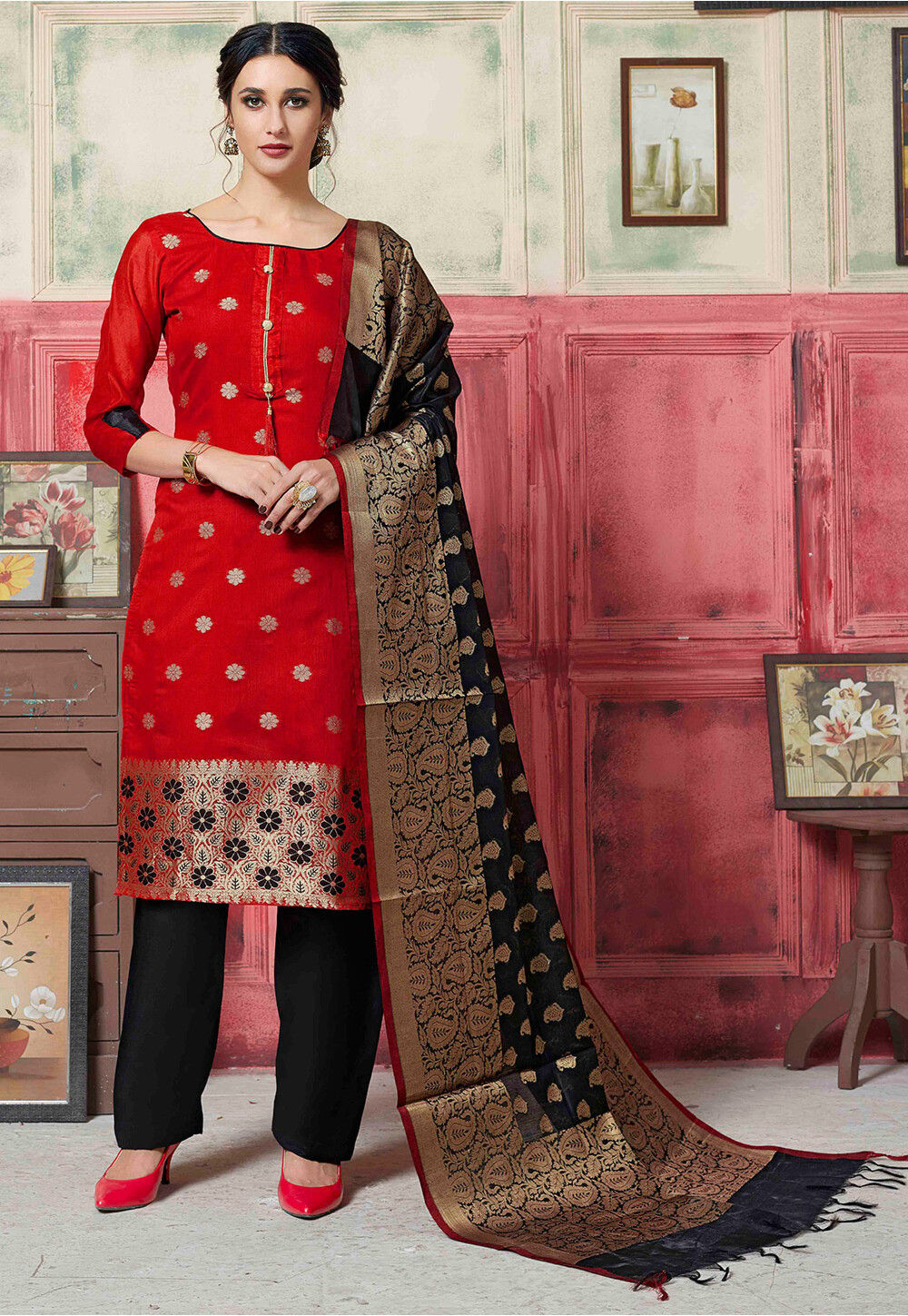 Buy Woven Art Silk Pakistani Suit in Red Online : KYE1503 - Utsav Fashion
