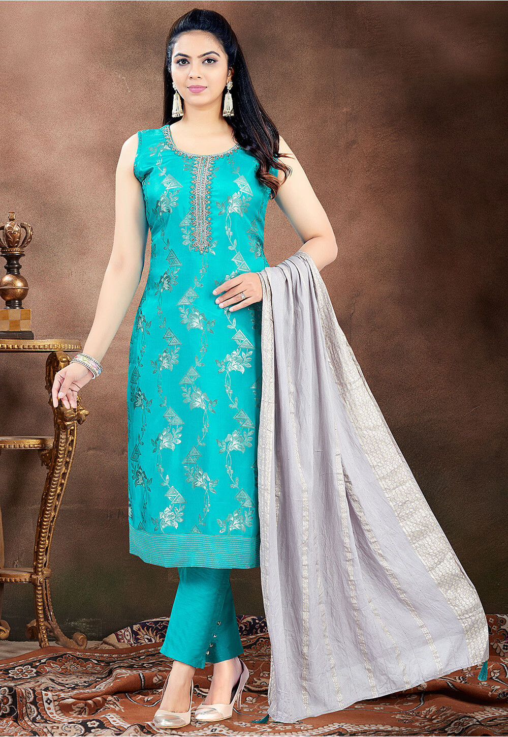 Buy Woven Art Silk Pakistani Suit in Turquoise Online : KRD604 - Utsav ...