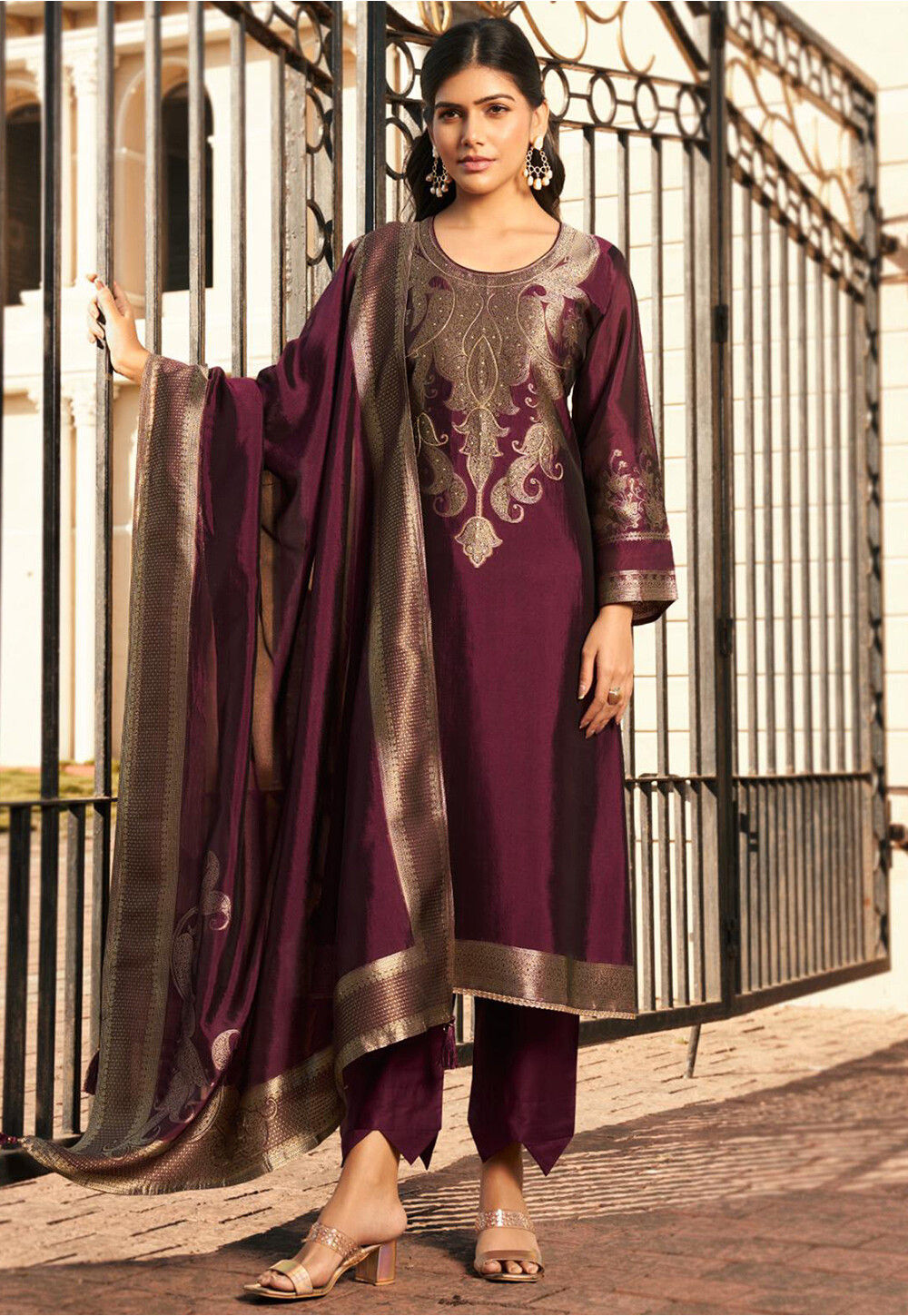 Buy Woven Art Silk Pakistani Suit in Wine Online : KPV1945 - Utsav Fashion