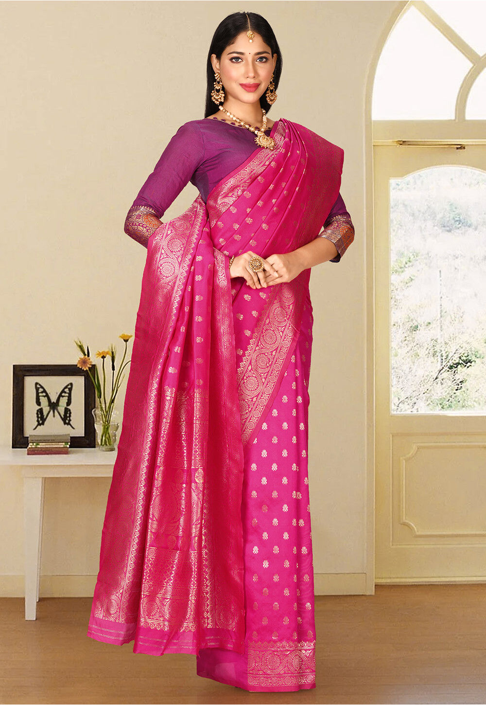 Buy Woven Art Silk Saree in Fuchsia Online : SEW15512 - Utsav Fashion