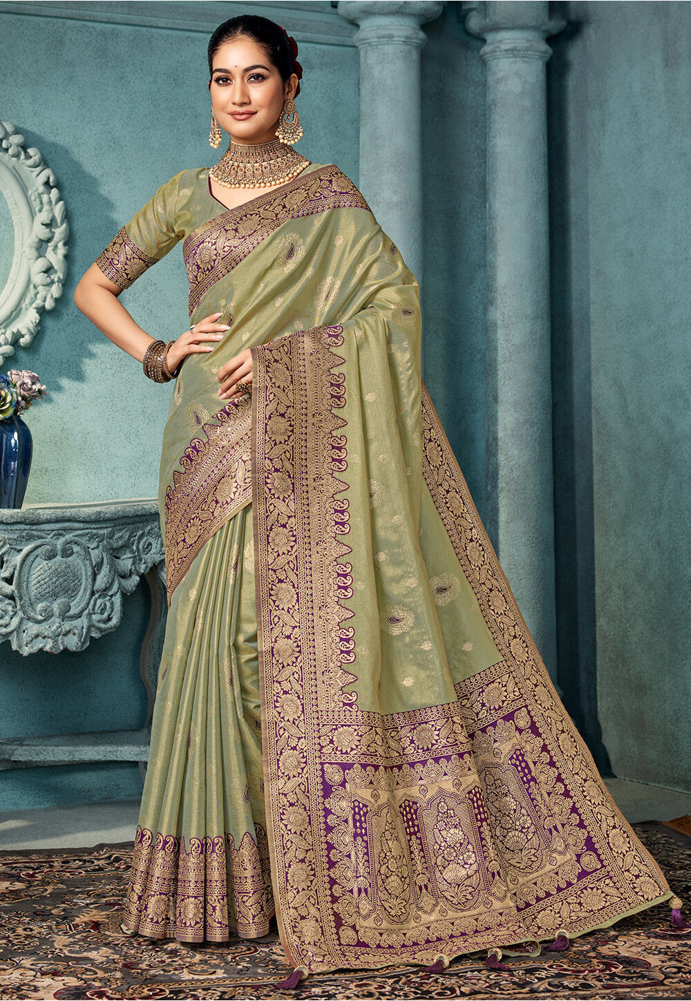 Buy Woven Art Silk Saree in Light Green Online : SSEA7858 - Utsav Fashion