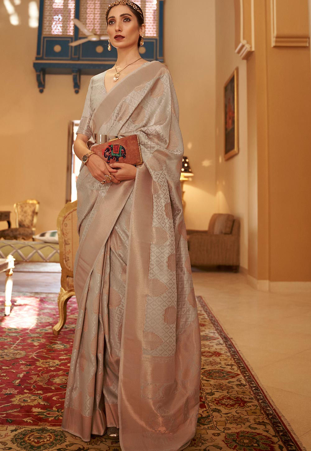 Buy Woven Art Silk Saree in Light Grey Online : SSF16936 - Utsav Fashion