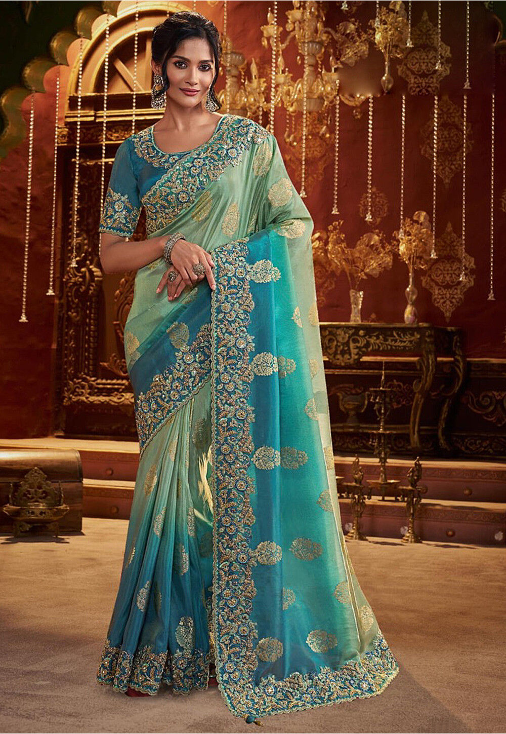 Buy Woven Art Silk Saree in Shaded Sea Green and Blue Online : SSEA8132 ...