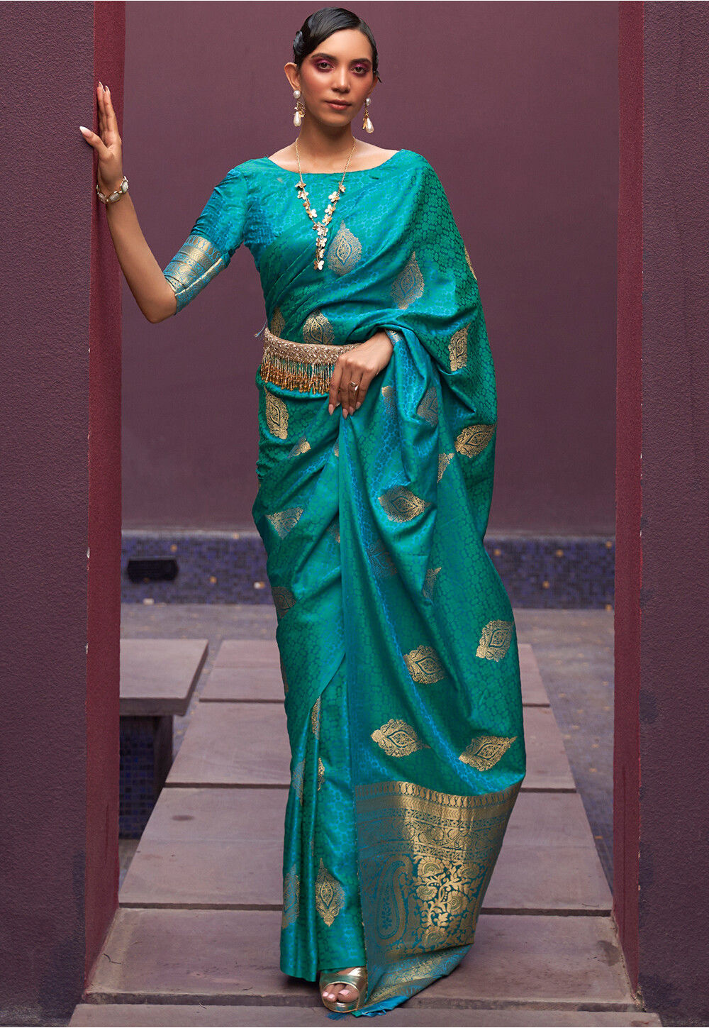 Buy Woven Art Silk Saree in Turquoise Online : SSF19975 - Utsav Fashion