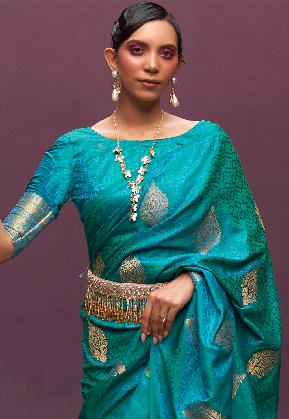 Buy Woven Art Silk Saree in Turquoise Online : SSF19975 - Utsav Fashion