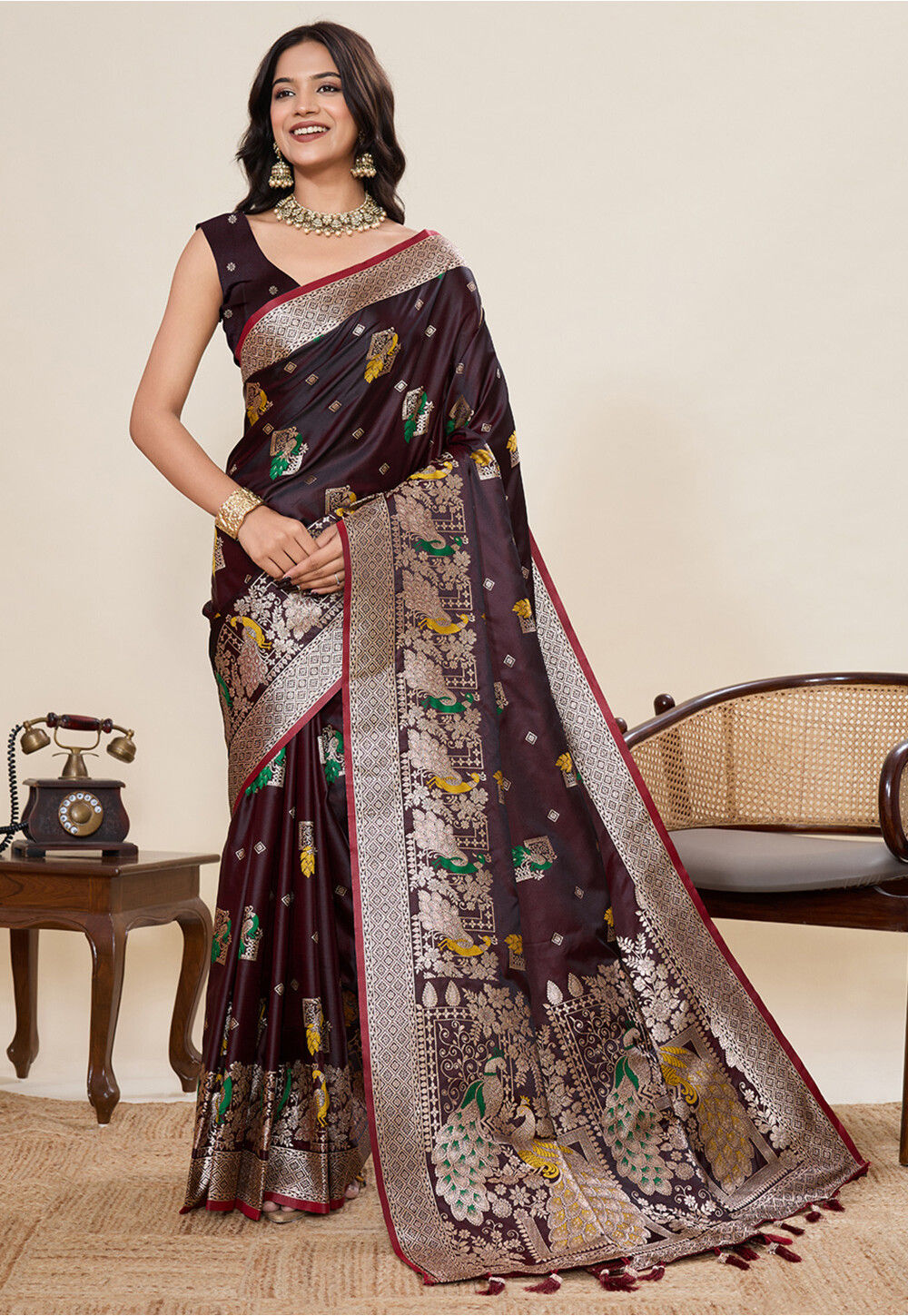 Buy Woven Art Silk Saree in Wine Online : SCH518 - Utsav Fashion
