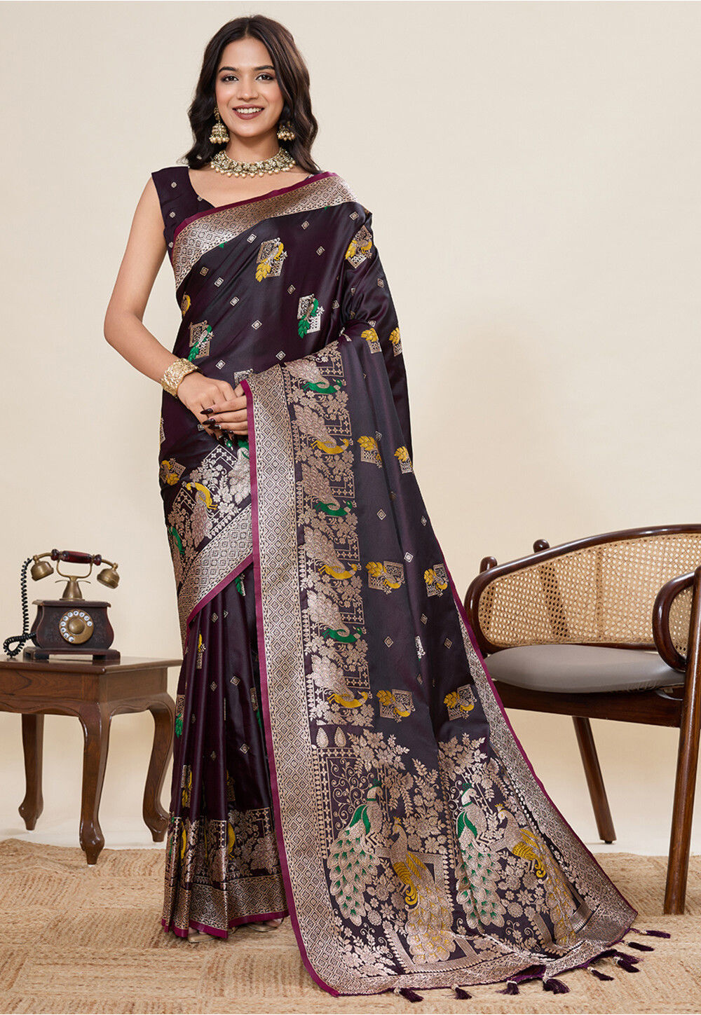 Buy Woven Art Silk Saree in Wine Online : SCH521 - Utsav Fashion