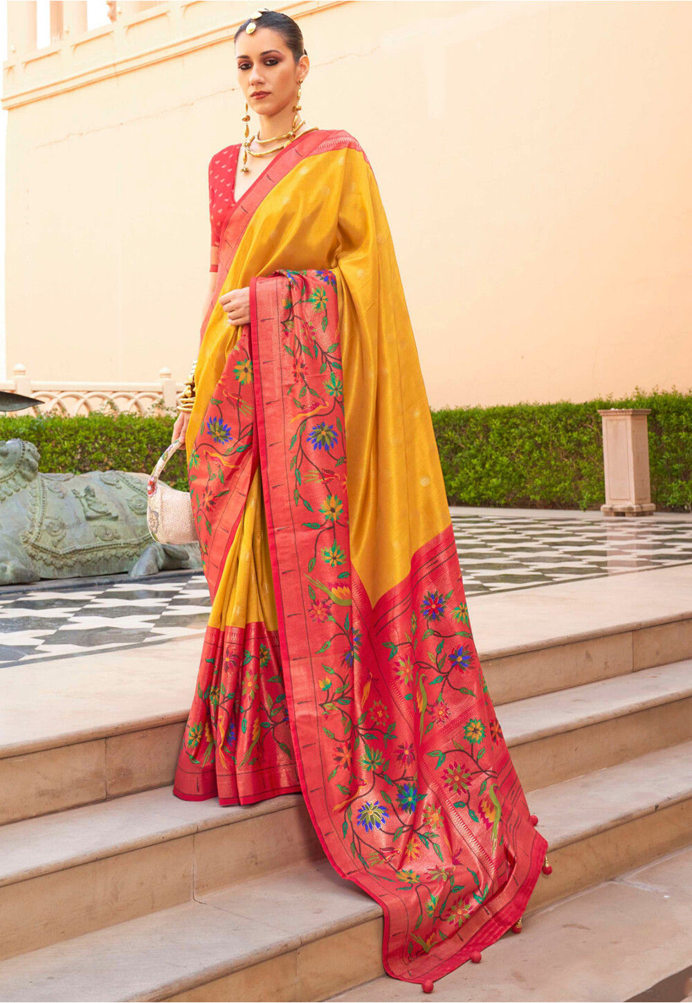 Buy Woven Art Silk Sari in Mustard Online : SKGA2413 - Utsav Fashion