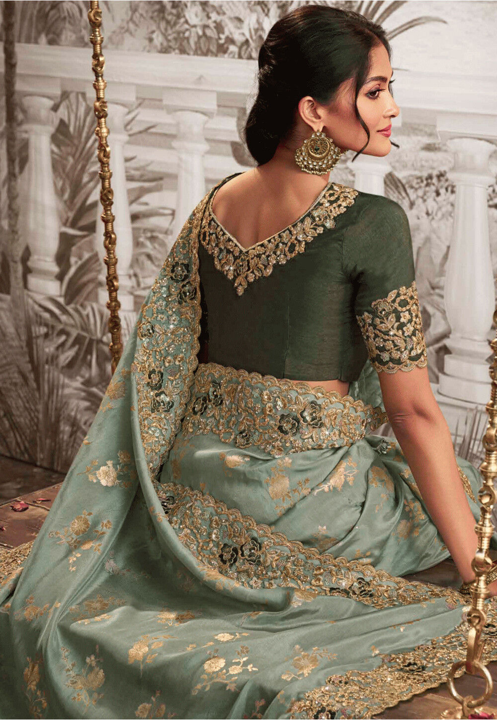 Buy Woven Art Silk Scalloped Saree in Dusty Green Online : SEW14703 ...