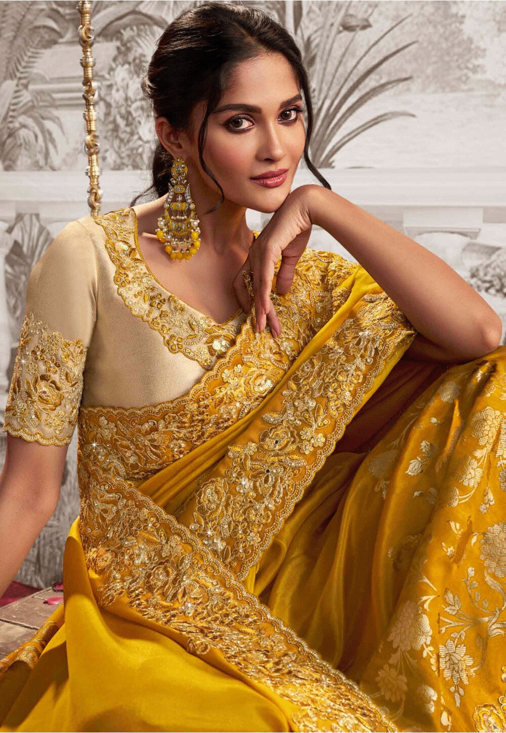 Buy Woven Art Silk Scalloped Saree in Mustard Online : SEW14700 - Utsav ...