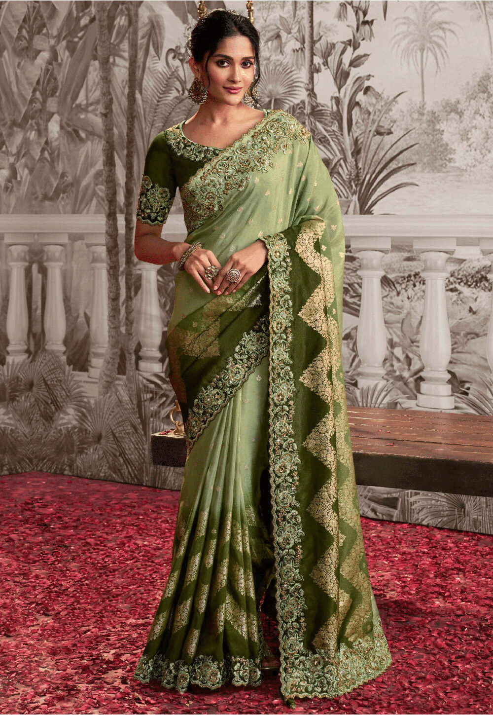 Buy Woven Art Silk Scalloped Saree in Shaded Green Online : SEW14712 ...