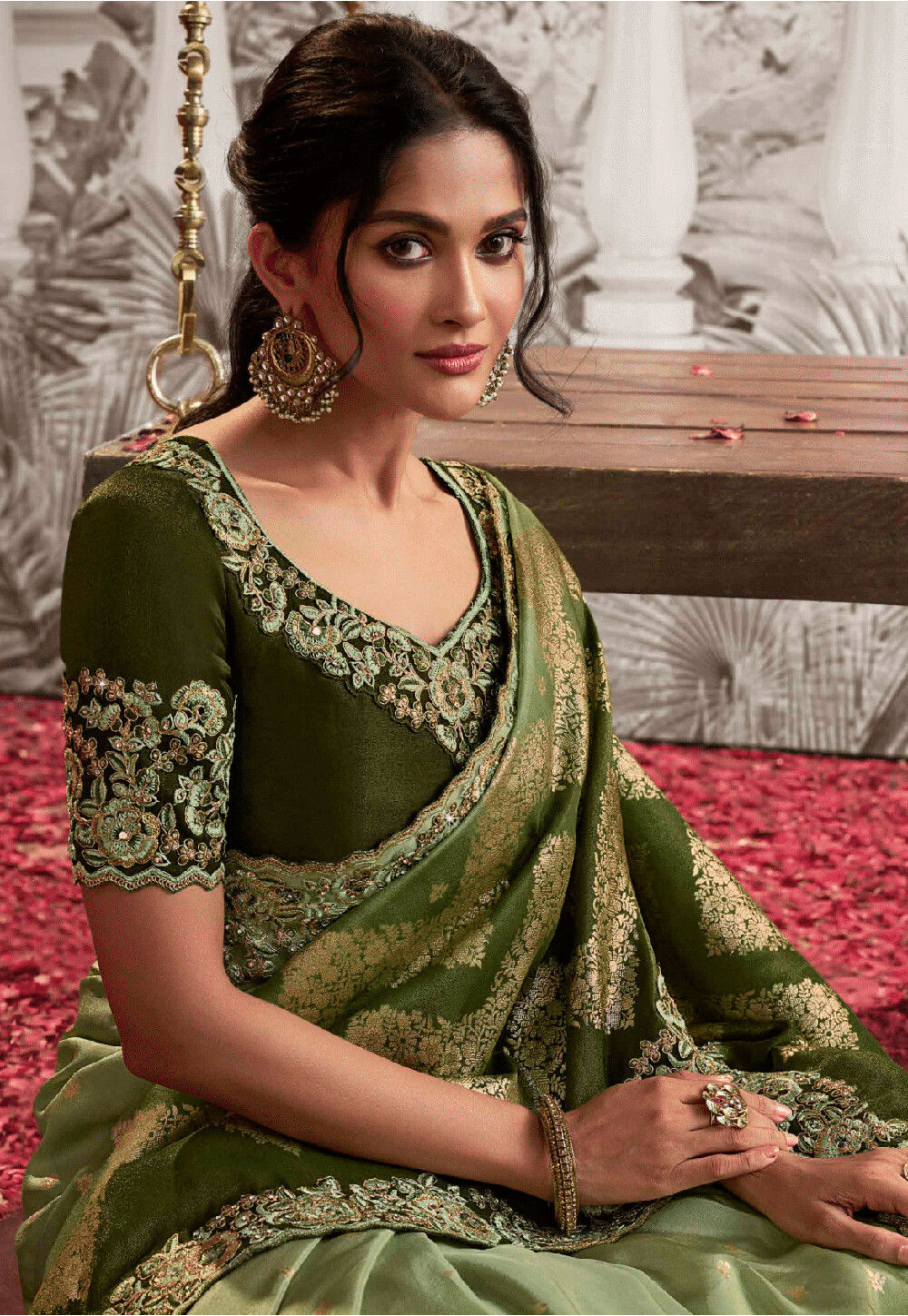 Buy Woven Art Silk Scalloped Saree in Shaded Green Online : SEW14712 ...