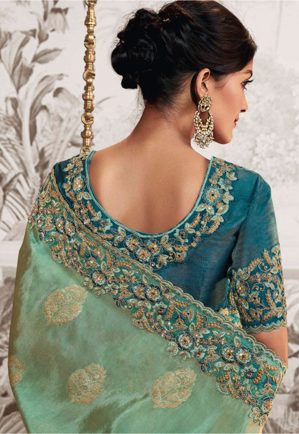Buy Woven Art Silk Scalloped Saree in Shaded Pastel Green and Blue ...