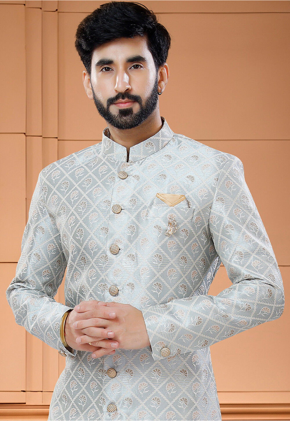 Buy Woven Art Silk Sherwani in Grey Online : MUY660 - Utsav Fashion