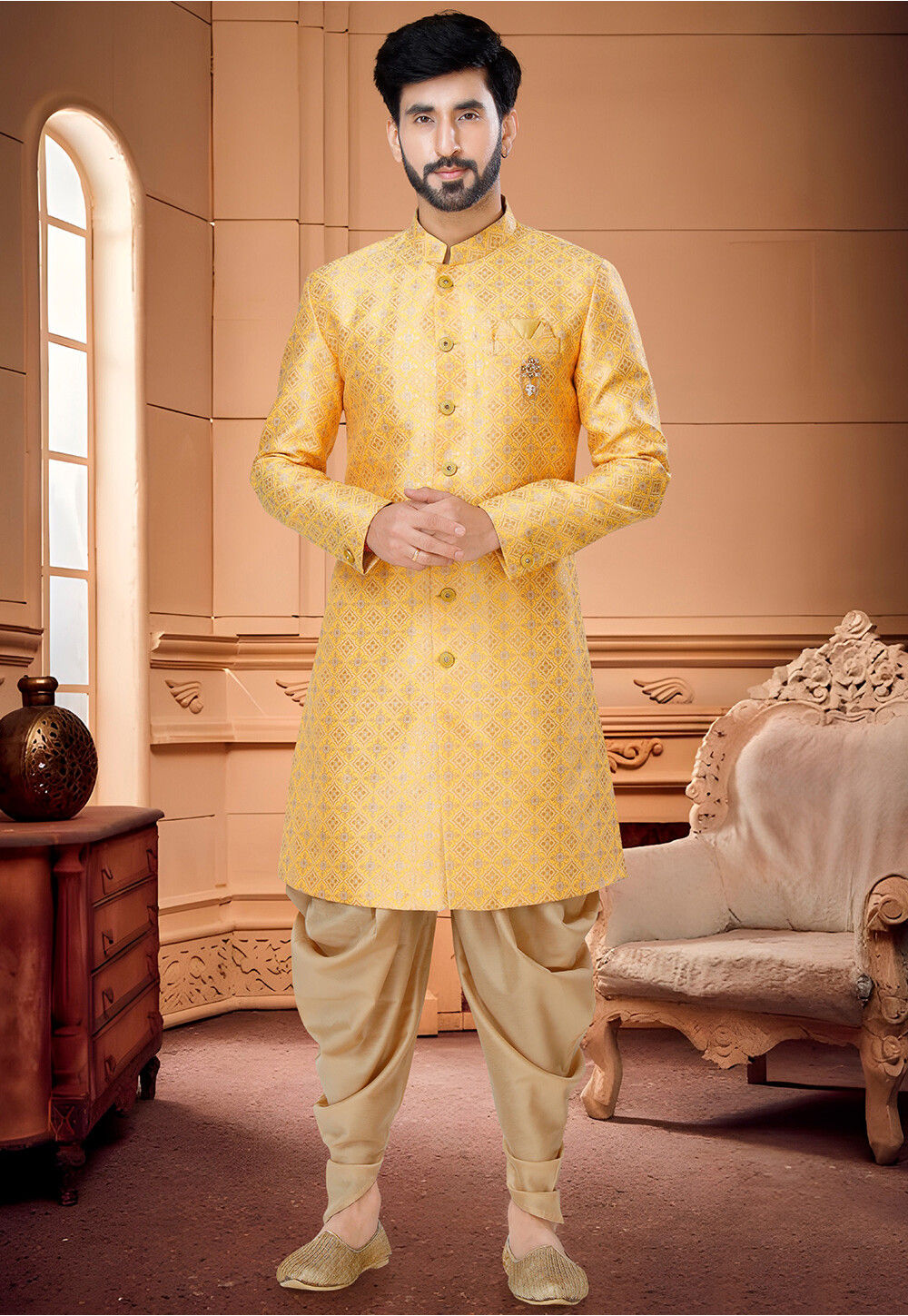 Buy Woven Art Silk Sherwani in Yellow Online : MUY681 - Utsav Fashion