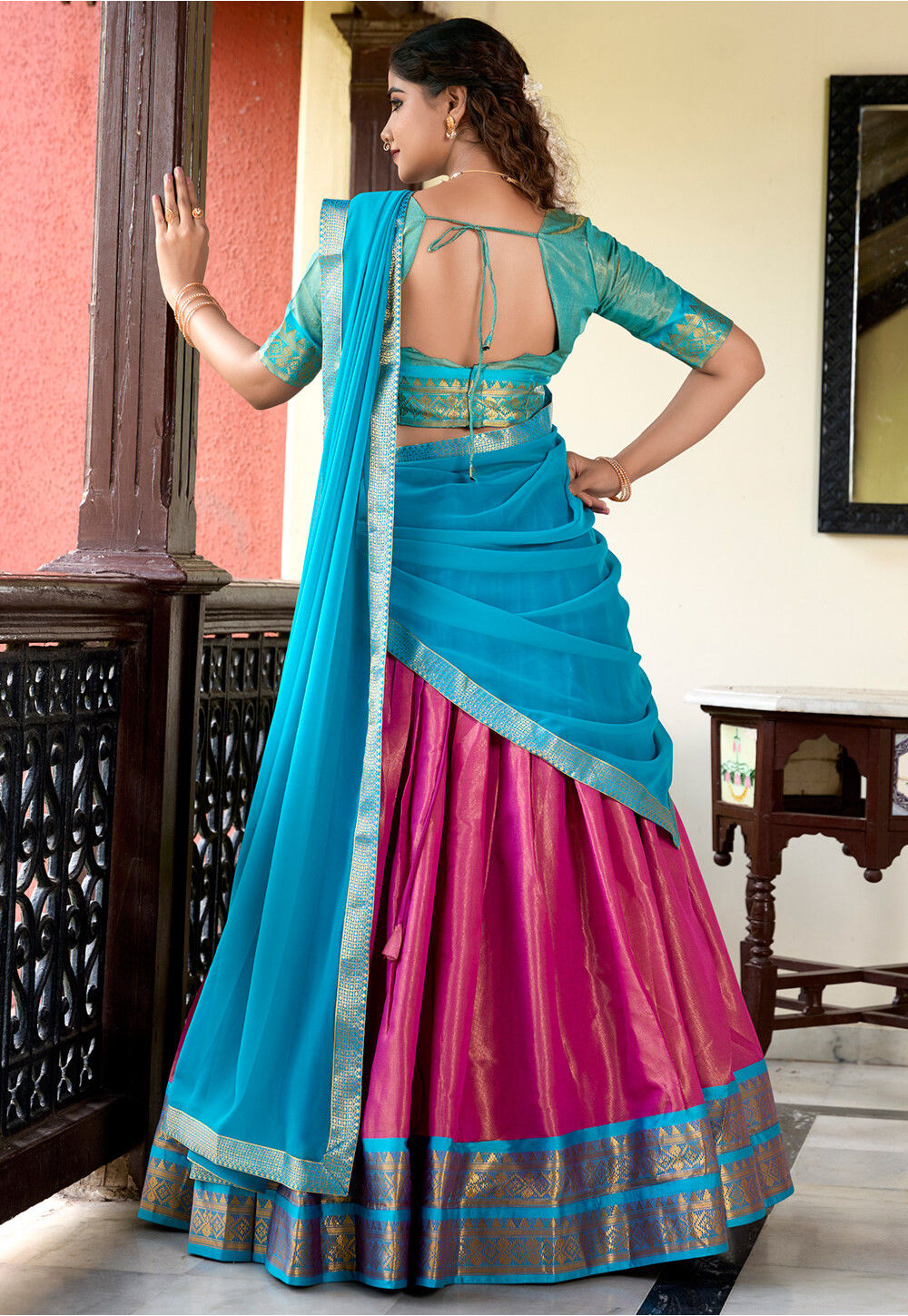 Buy Woven Border Art Silk Lehenga in Pink Online : LBC2189 - Utsav Fashion