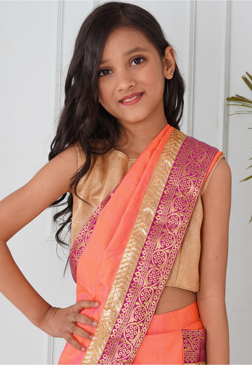 Buy Woven Border Art Silk Pre-stitched Saree in Peach Online : UNJ1740 - Utsav Fashion