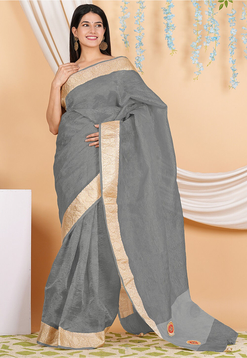 Buy Woven Border Crush Tissue Saree in Light Grey Online : SJN7660 ...