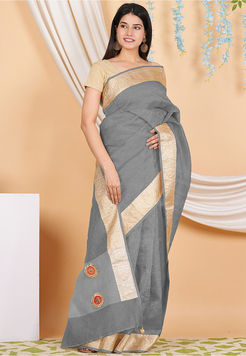 Buy Woven Border Crush Tissue Saree in Light Grey Online : SJN7660 ...