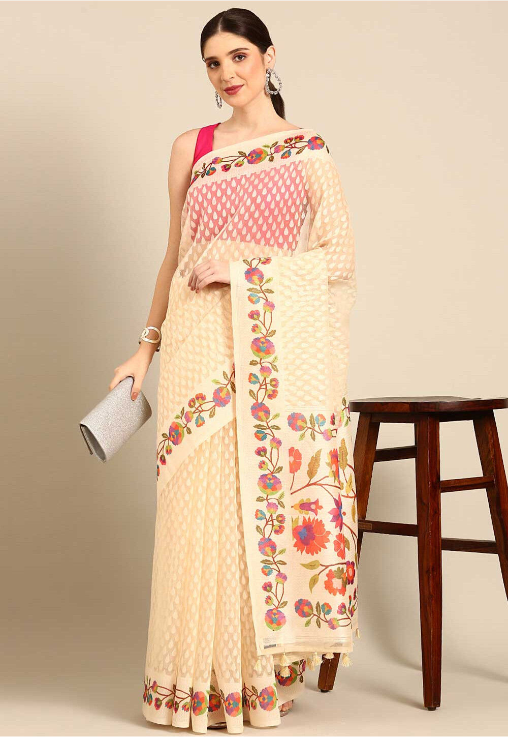 Buy Woven Brasso Saree in Cream Online : SHDA602 - Utsav Fashion