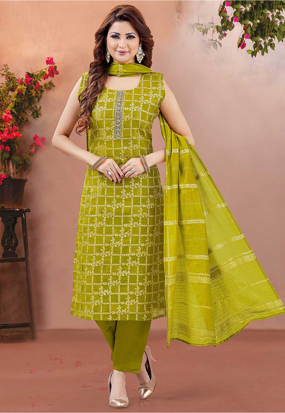 Buy Woven Brocade Pakistani Suit in Olive Green Online : KCU459 - Utsav ...