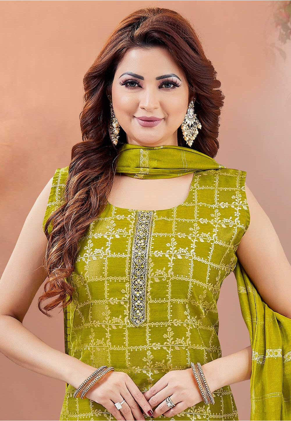 Buy Woven Brocade Pakistani Suit in Olive Green Online : KCU459 - Utsav ...